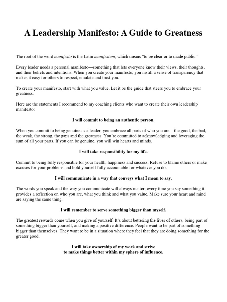 Leadership Manifesto,A Guide to Greatness (1) | PDF | Leadership ...