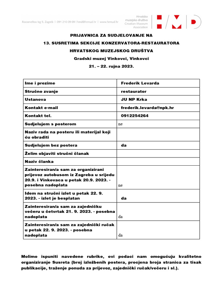 Prijavnica Za Sudjelovanje Na 13. Susretima | PDF