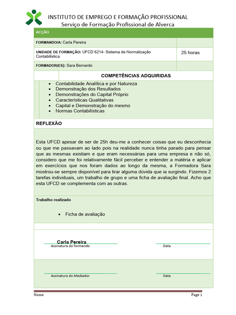 Reflexão UFCD 6214 - Sistema de Normalização Contablistica | PDF