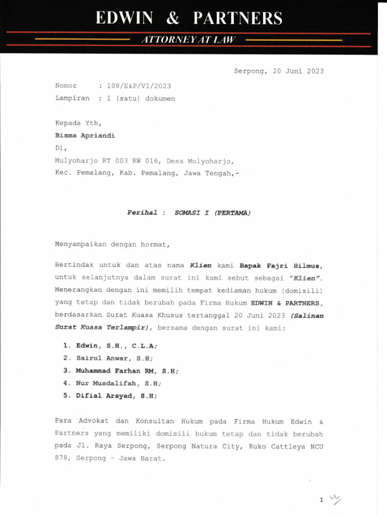 Somasi Pertama Bisma Apriandi (Bpk. Fajri Hilmus) | PDF