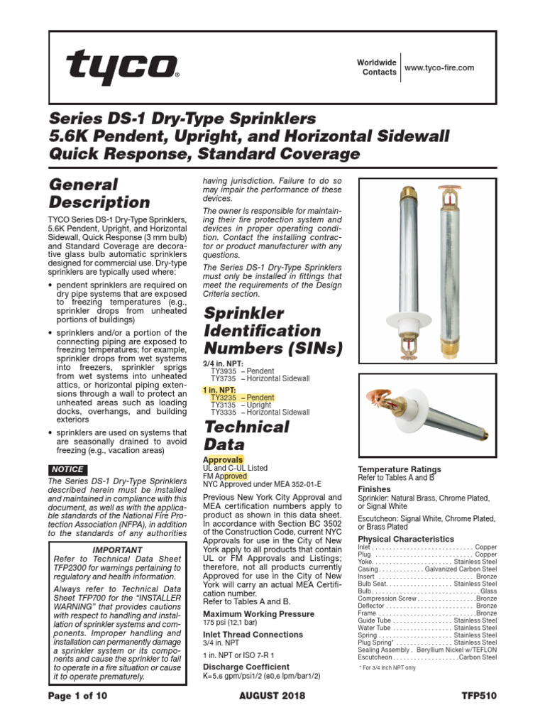 TYCO Dry-Type Sprinklers (DS-1) | PDF | Fire Sprinkler System | Pipe ...