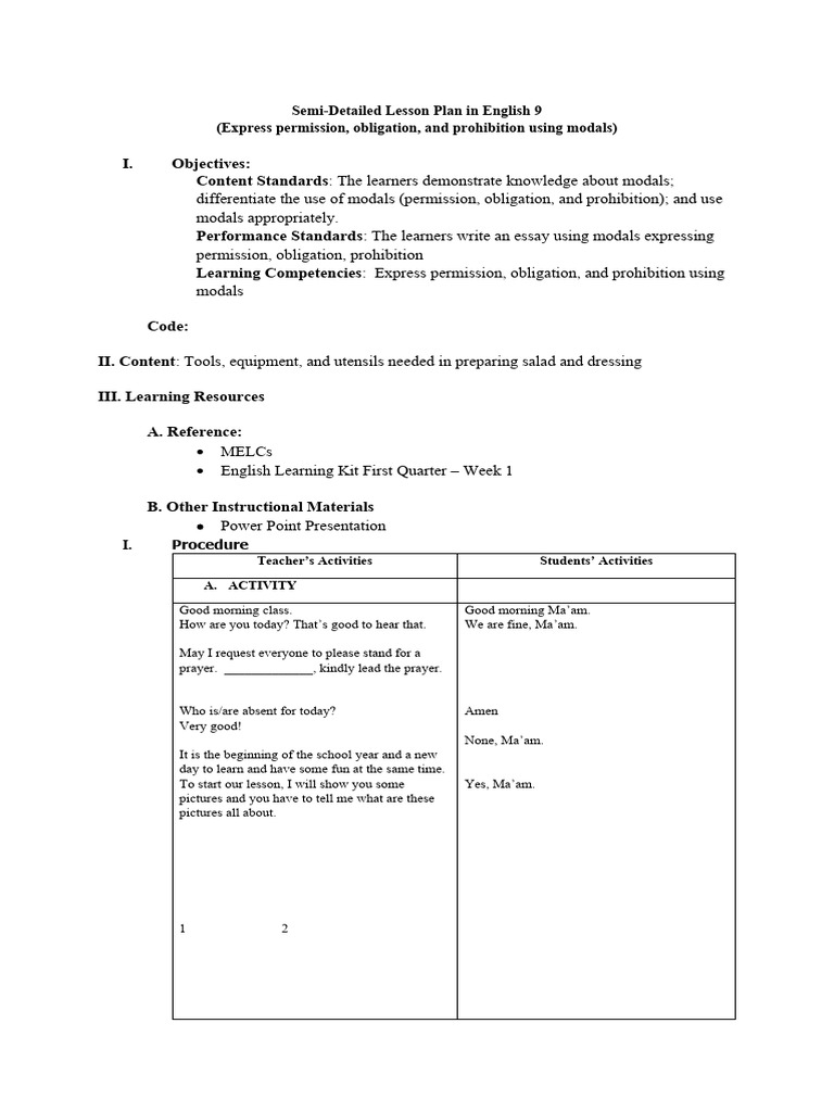 Modals in English 9 Lesson Plan | PDF