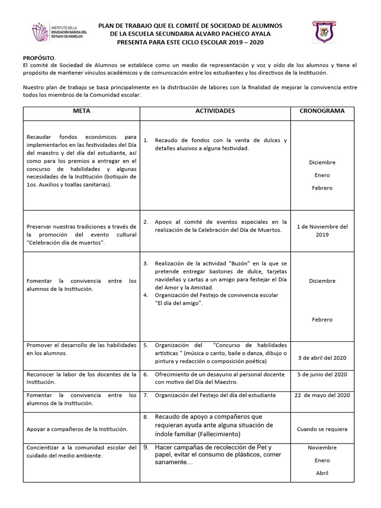 Plan de Trabajo Comité de Sociedad de Alumnos | PDF