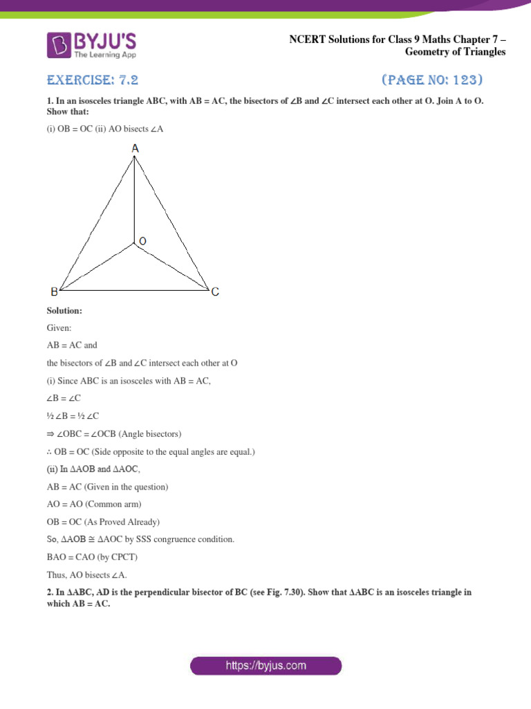 NCERT Solutions For Class 9 Maths Chapter 7 Geometry of Triangles Exercise 7 2 | PDF