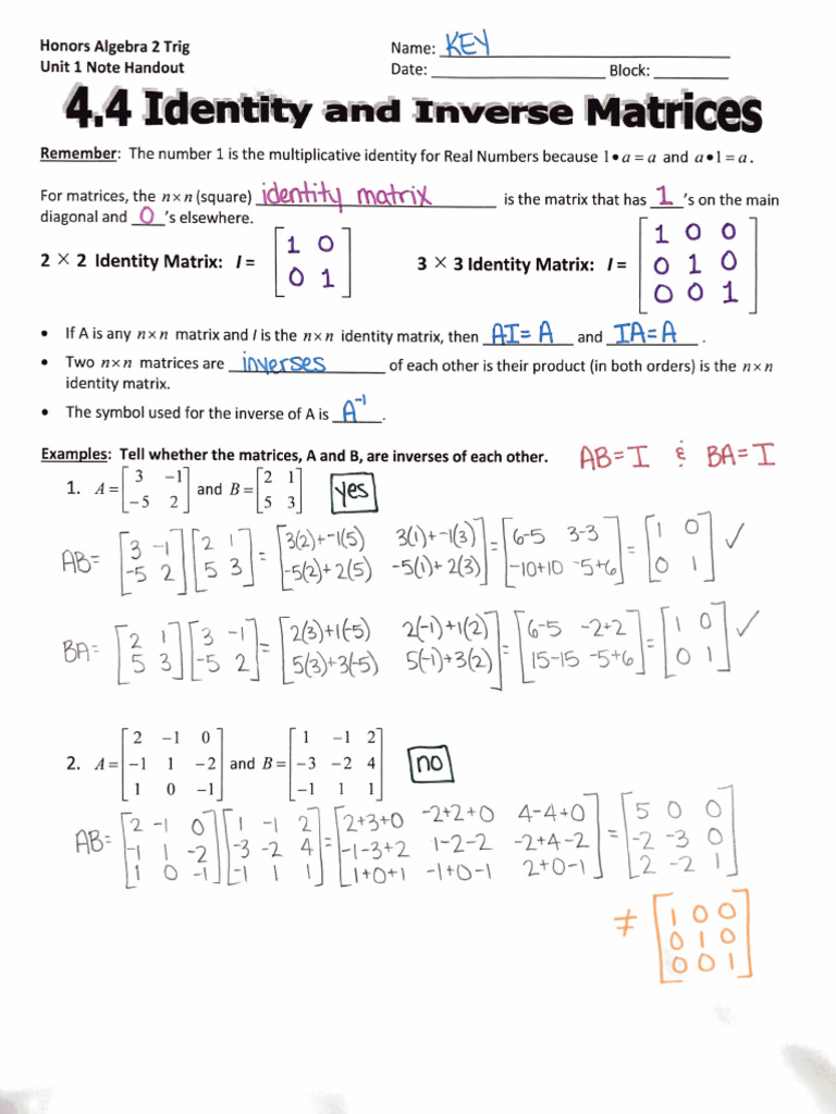 4.4 Identity and Inverse Matrices - KEY | PDF