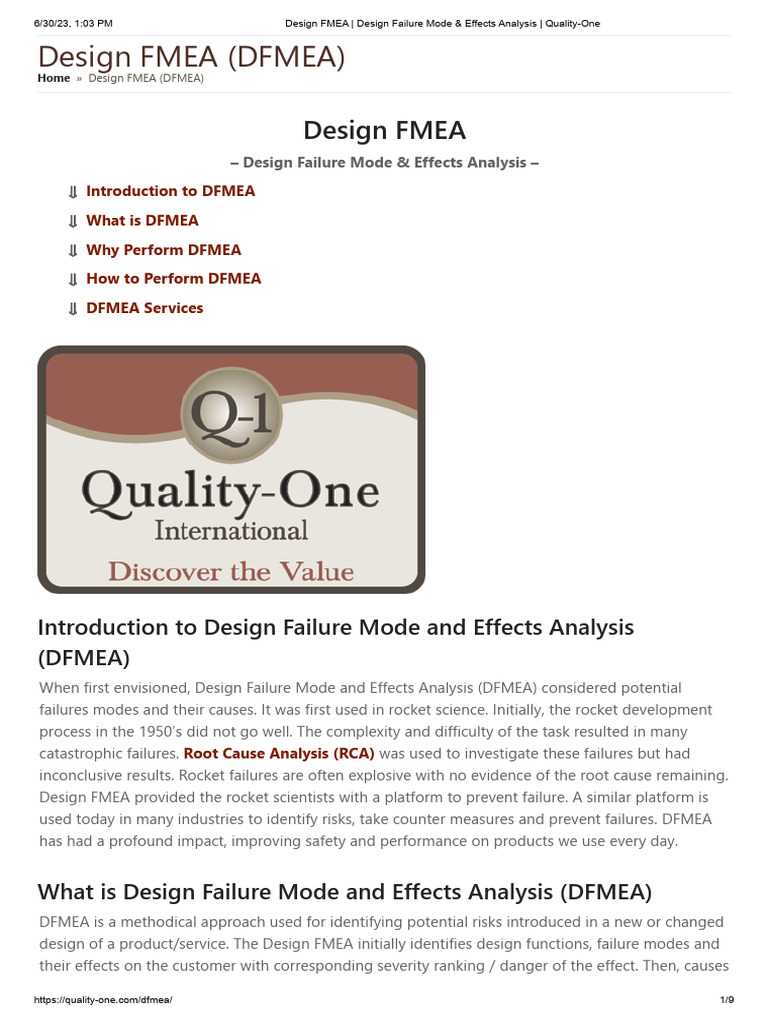 Design FMEA - Design Failure Mode & Effects Analysis - Quality-One | PDF