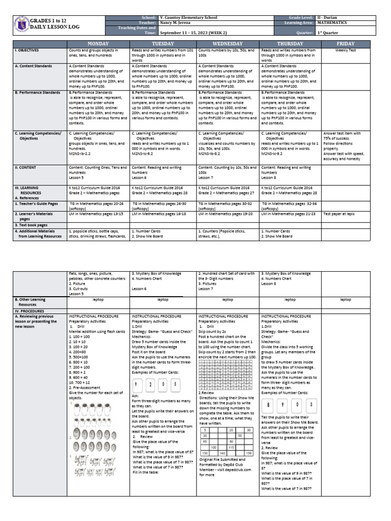 DLL Mathematics-2 Q1 W2 | PDF