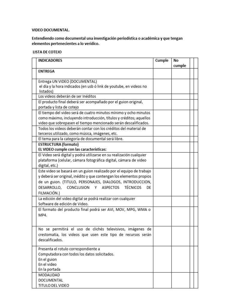 Lista de Cotejo Video Documental 2023 A | PDF | Informática