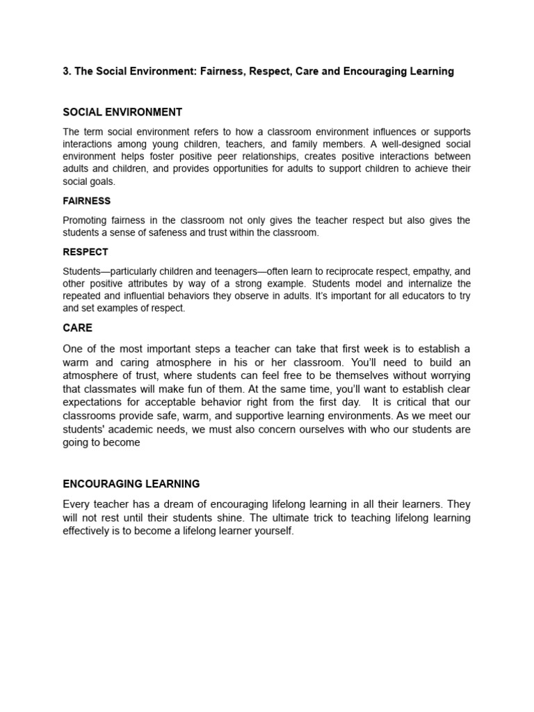 The Social Environment: Fairness, Respect, Care and Encouraging ...