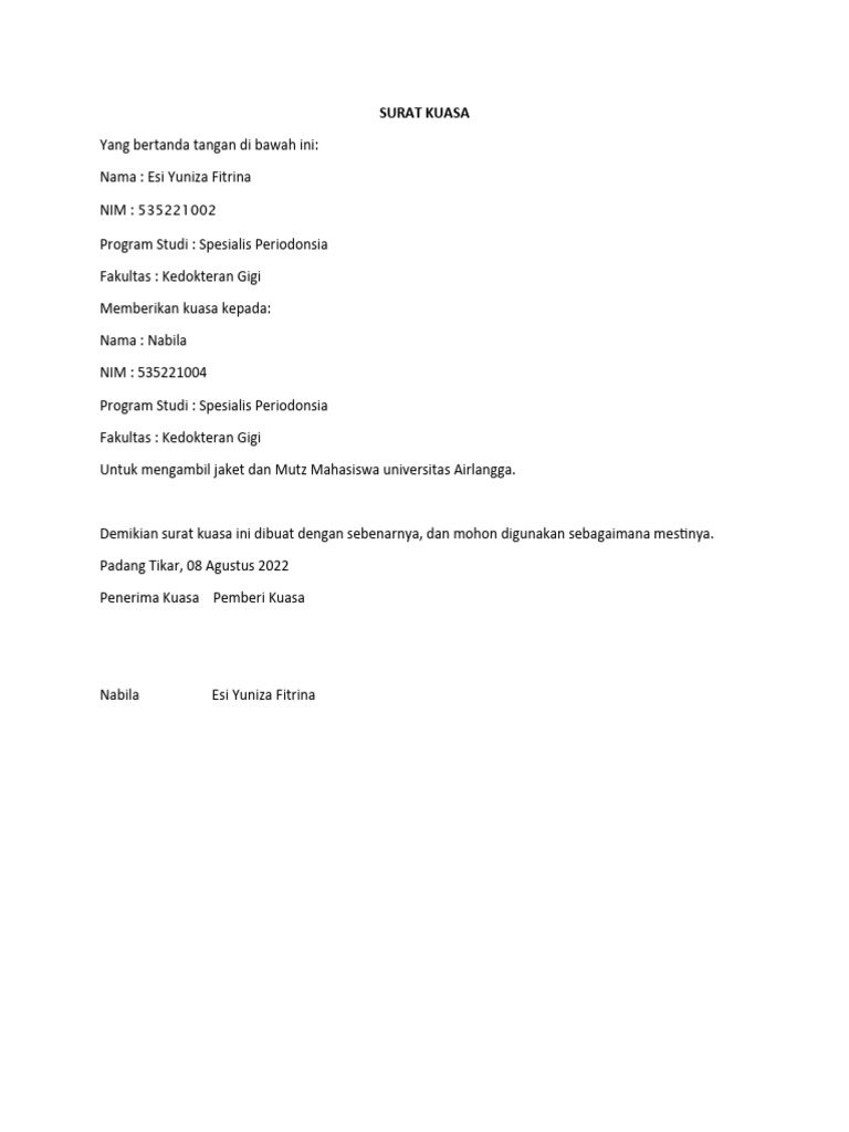 Surat Kuasa Esi Yuniza Fitrina | PDF