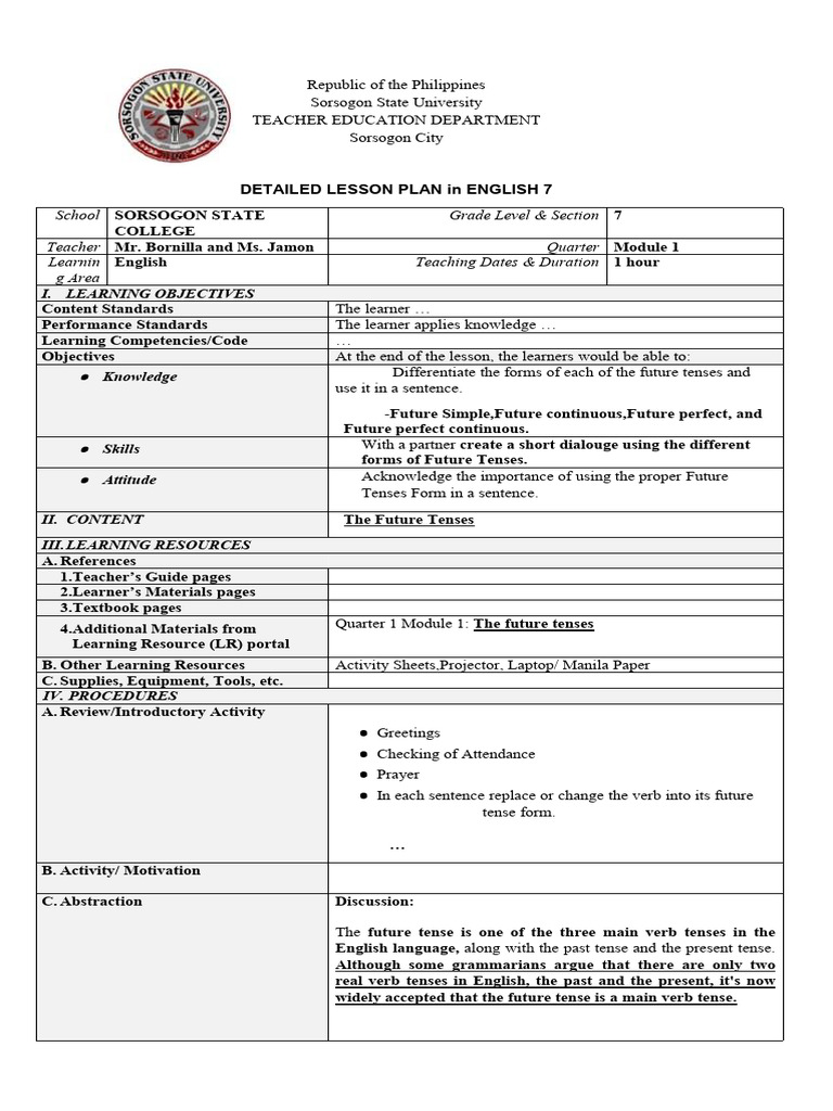 Detailed Lesson Plan On Tenses | PDF