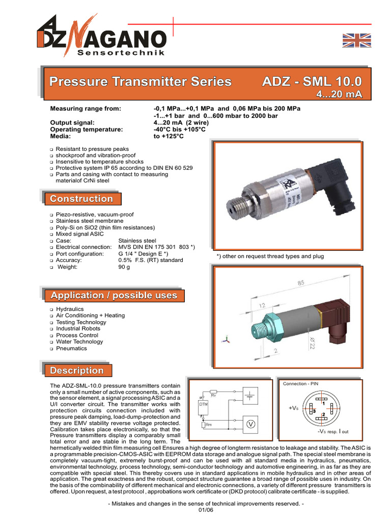 ADZ-SML-10.0 Pressure Transmitter Overview | PDF