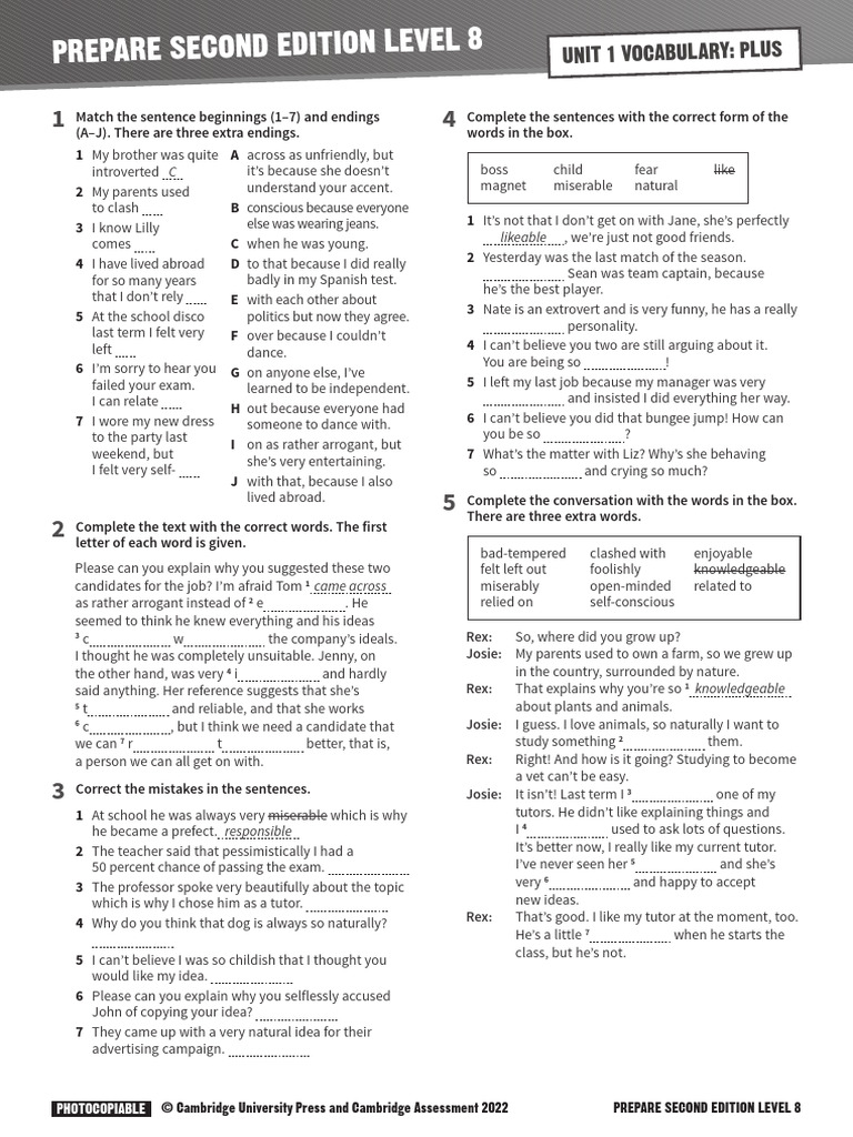 PREPARE L8 Vocabulary Unit 01 Plus | PDF