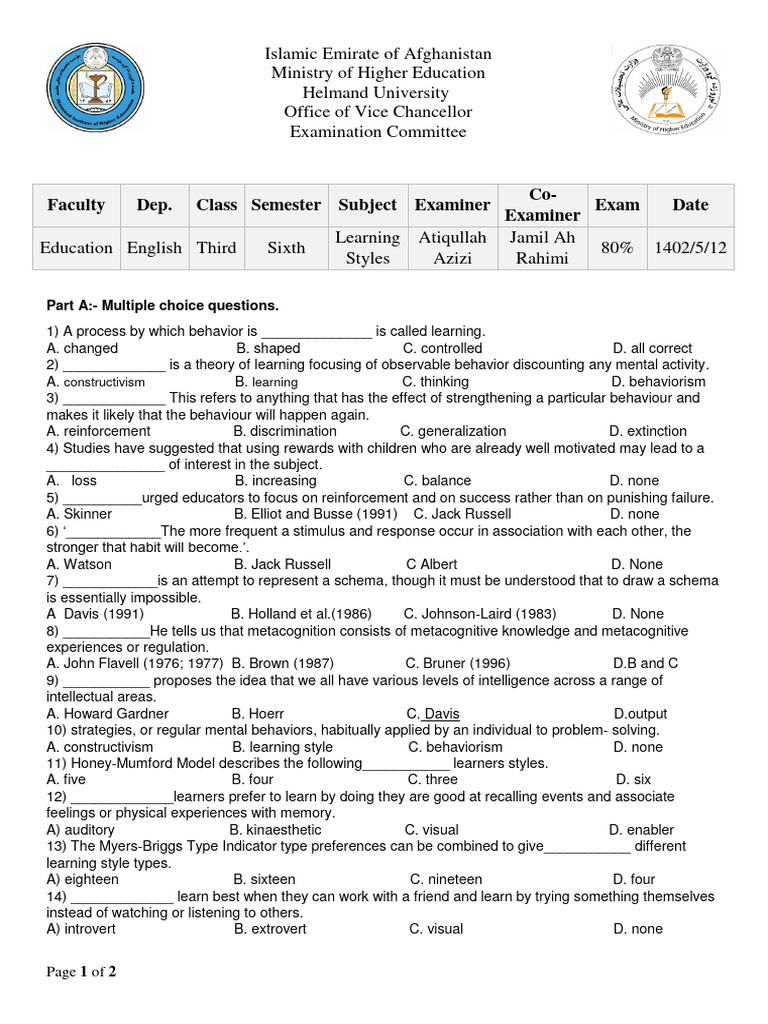 Learning Styles Exam Guide | PDF | Learning | Extraversion And Introversion