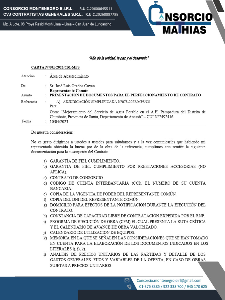Carta de Presentacion de Documento Carta CM N°001-2023 | PDF