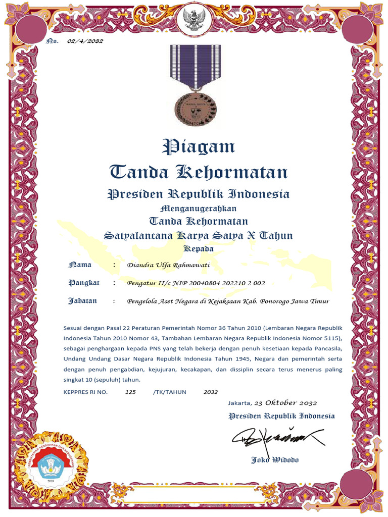 Piagam Satyalancana Karya Satya Diandra-Dikonversi | PDF Piagam Satyalancana Karya Satya Diandra-Dikonversi | PDF