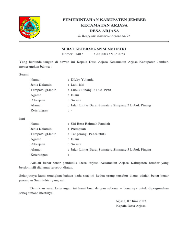 Surat Keterangan Suami Istri | PDF
