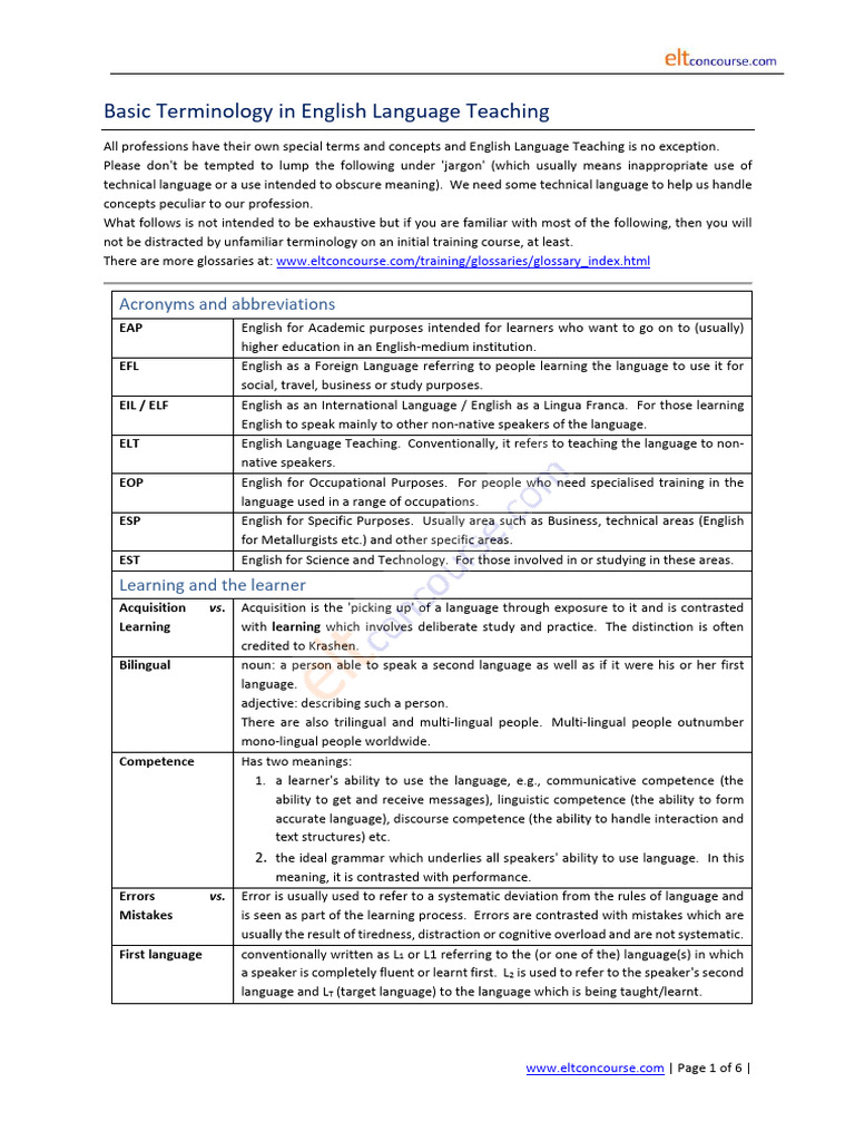 ELT Concourse Glossary Basic Elt Terms | PDF | Learning | English As A ...