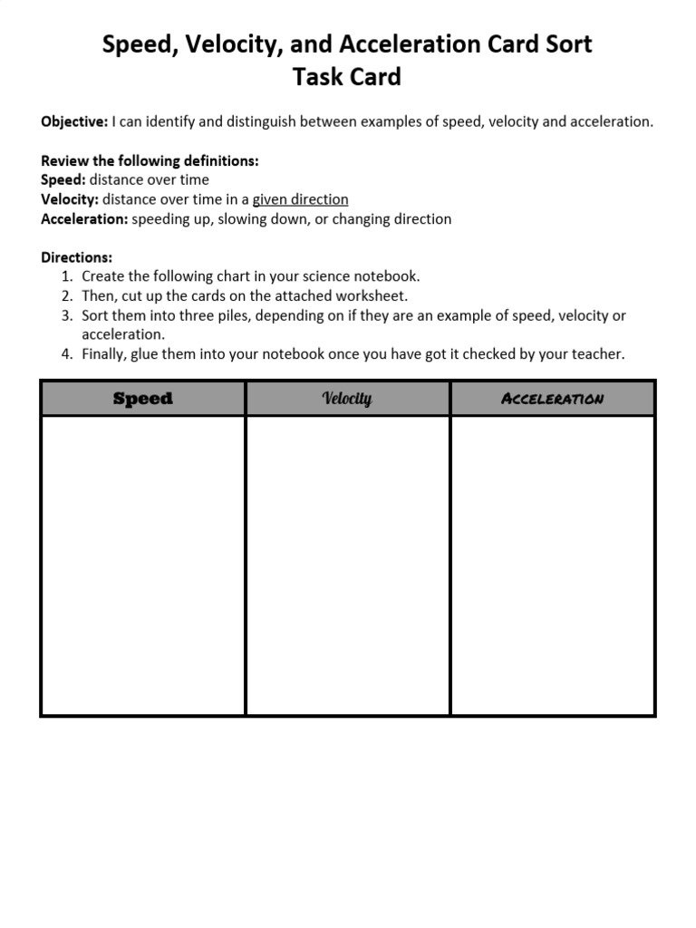 Speed, Velocity, and Acceleration Card Sort Task Card | PDF | Speed ...