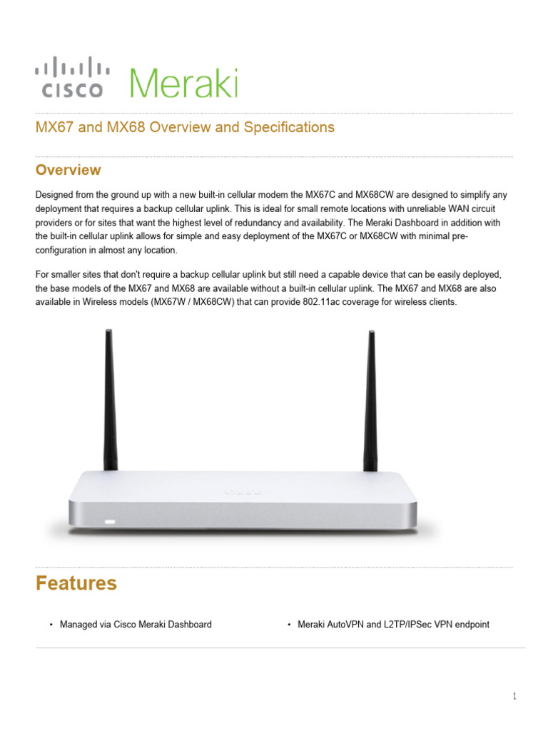 Cisco Meraki MX67/MX68 Specs & Features | PDF