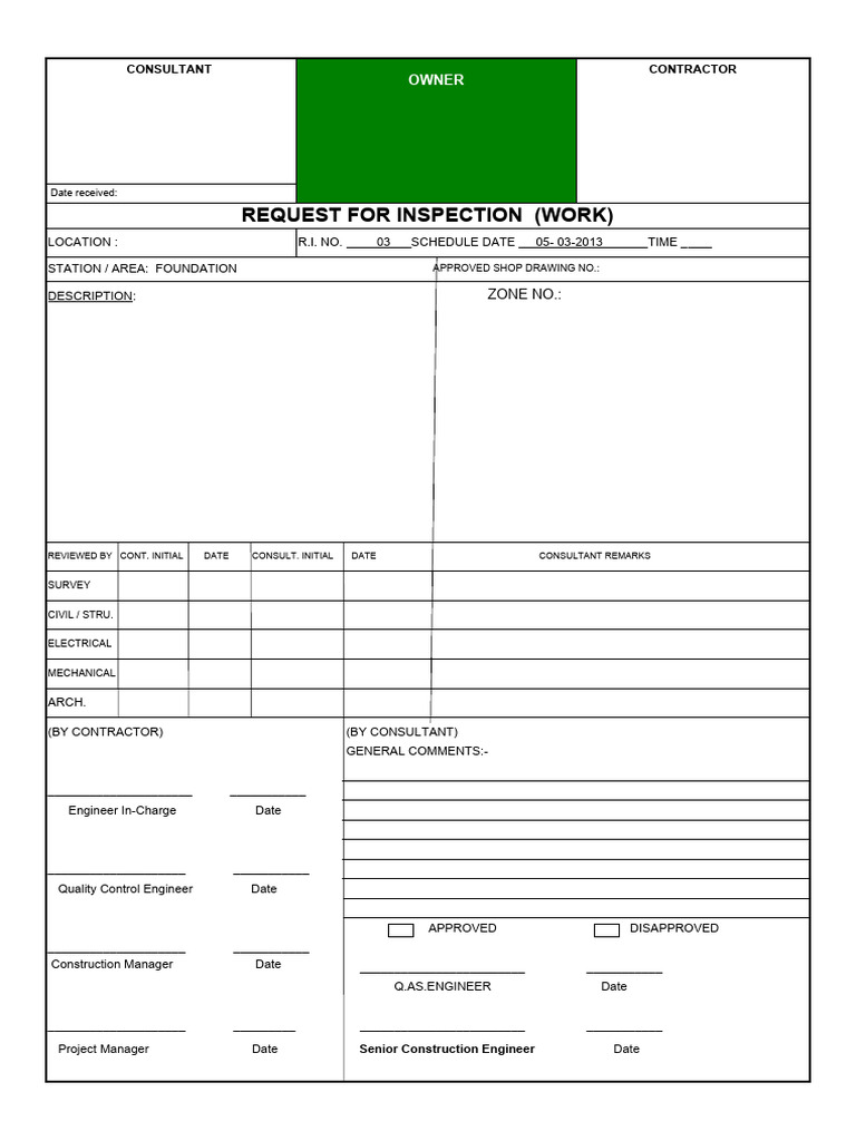 Request for Work Inspection Form | PDF