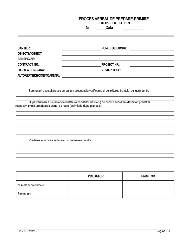 PV Predare Primire Front de Lucru | PDF