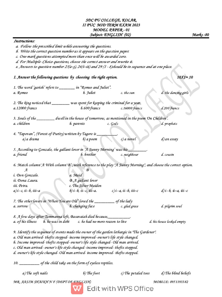 Iipu Midterm Eng Model QP - 01 2023-24 | PDF | Poetry