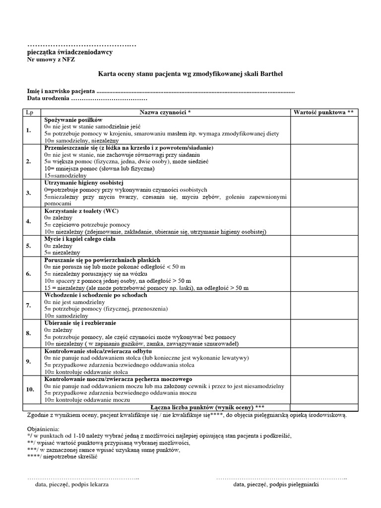 Skala Barthel - Karta Oceny Stanu Pacjenta | PDF