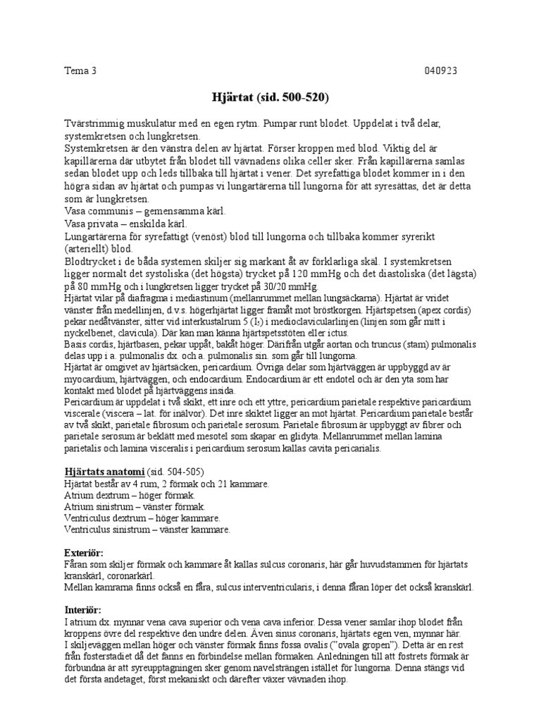 Anatomi Tema 3 - Hjärtat 040923 | PDF