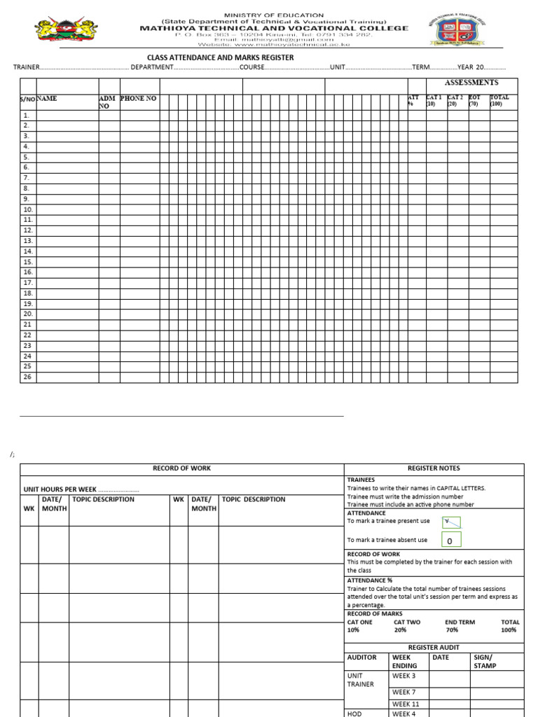 CLASS ATTENDANCE REGISTER Revised | PDF