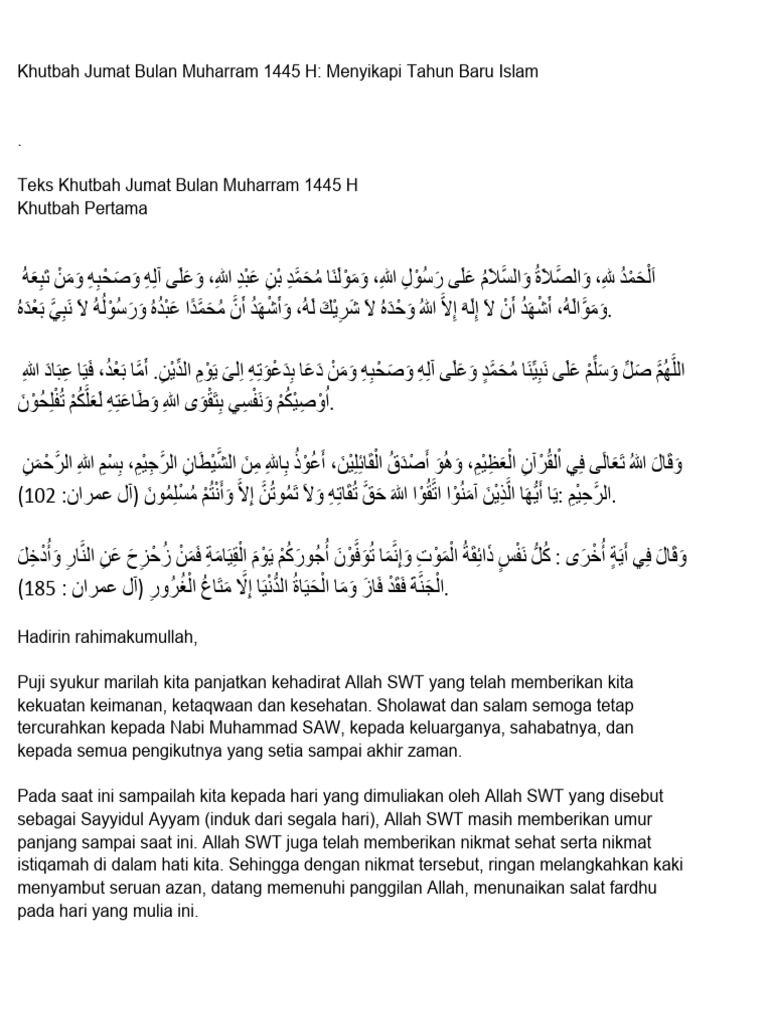 Khutbah Jumat Bulan Muharram 1445 H 2023 | PDF