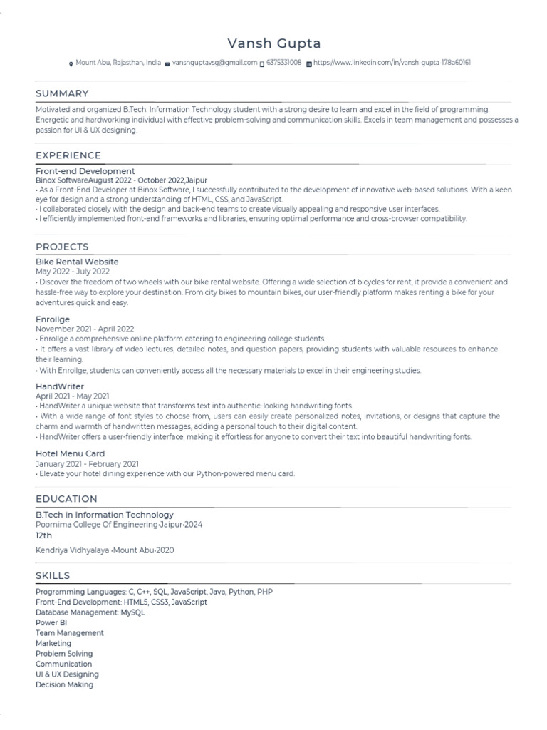 Vansh Gupta's Resume | PDF