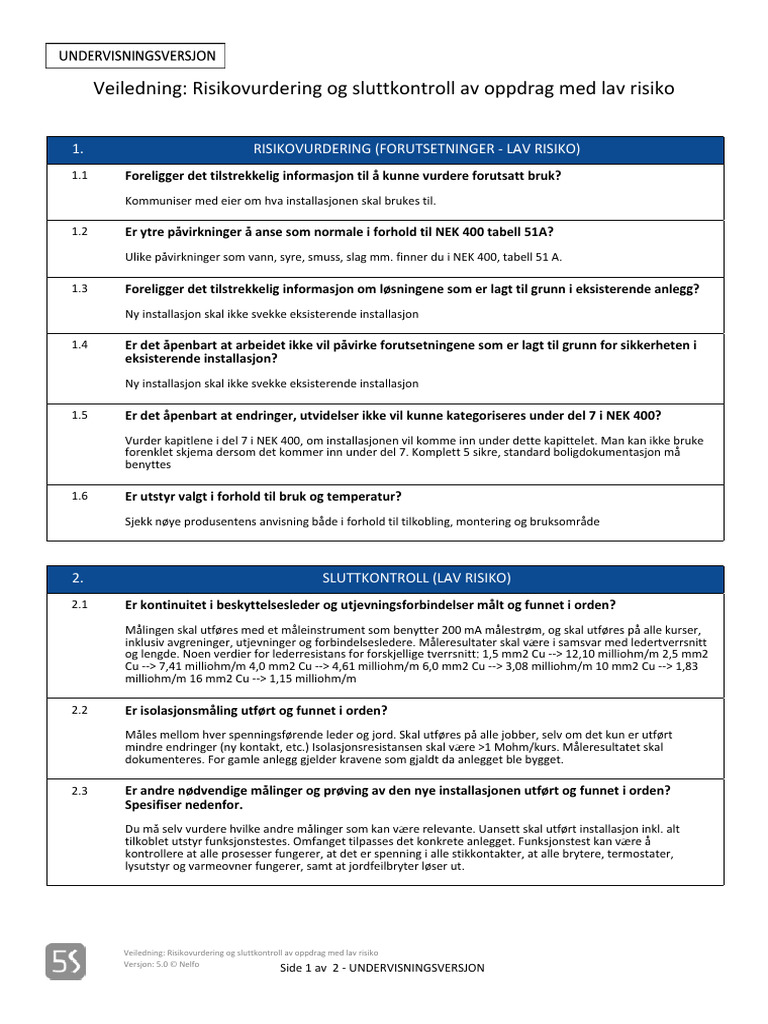 Elsikkerhet Bolig Risikovurdering Og Sluttkontroll Av Oppdrag Med Lav Risiko v5 0 Skole ...