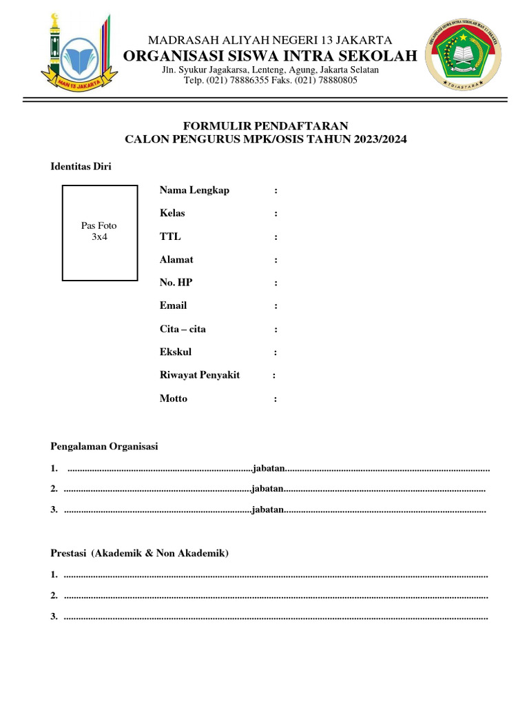 Formulir Pendaftaran OSIS 2023-2024 | PDF