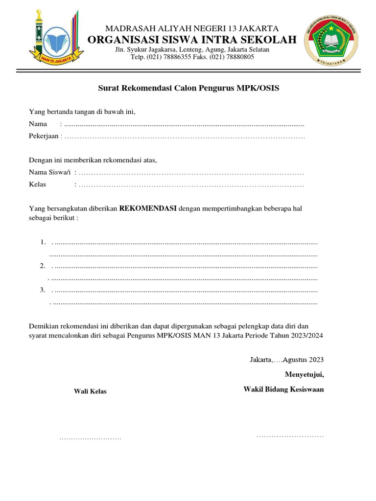 Surat Rekomendasi OSIS 2023-2024 | PDF