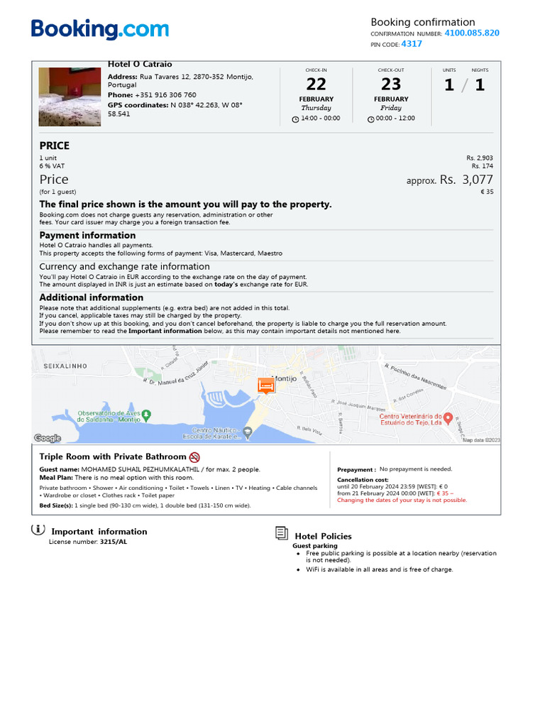 Booking Confirmation for Hotel O Catraio | PDF