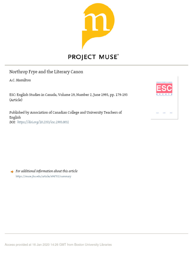 Northrop Frye and The Literary Canon - Hamilton 1993 | PDF