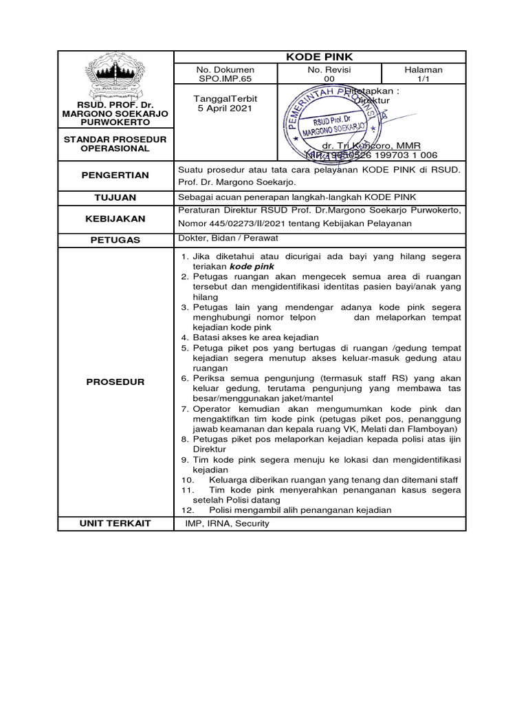 Standar Prosedur Operasional Spo Kode Pink | PDF