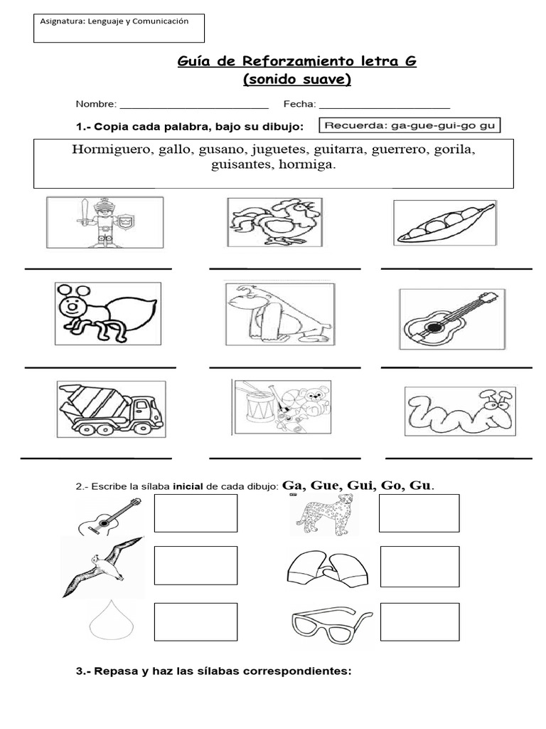 Guia de Reforzamiento Letra G Sonido Suave | PDF | Artes del Lenguaje y ...