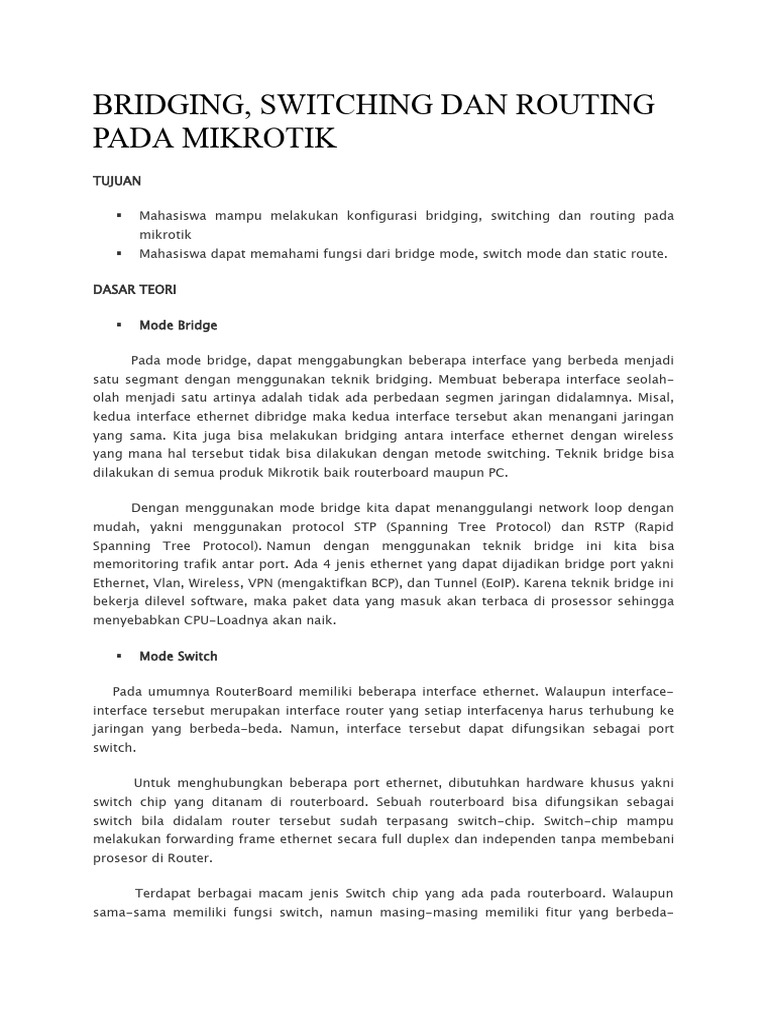 Konfigurasi Bridging, Switching, Routing MikroTik | PDF
