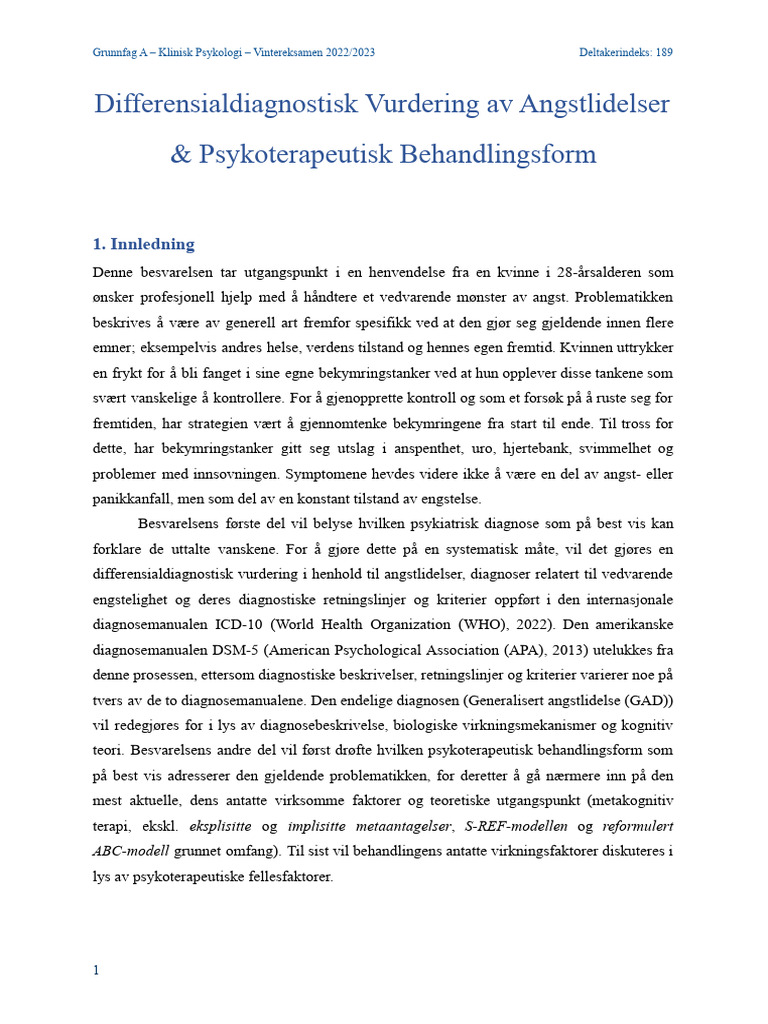 Generalisert Angst & Metakognitiv Terapi | PDF