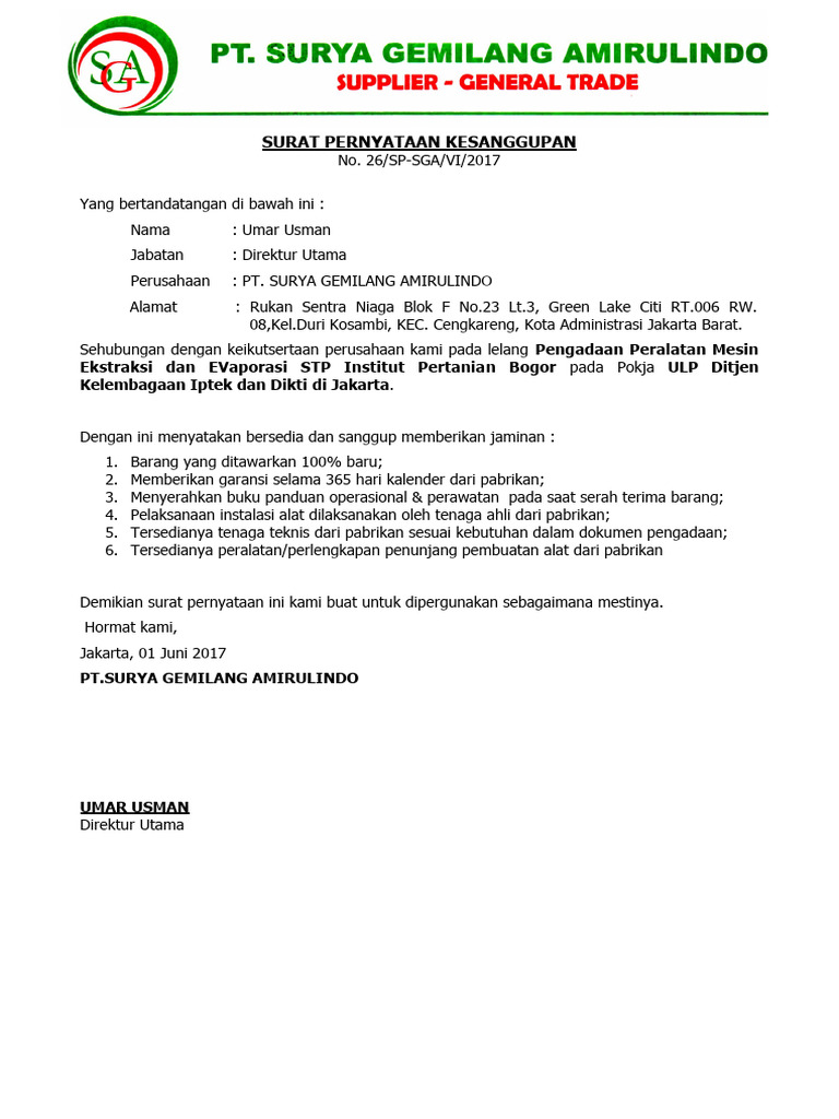 Surat Pernyataan Kesanggupan | PDF