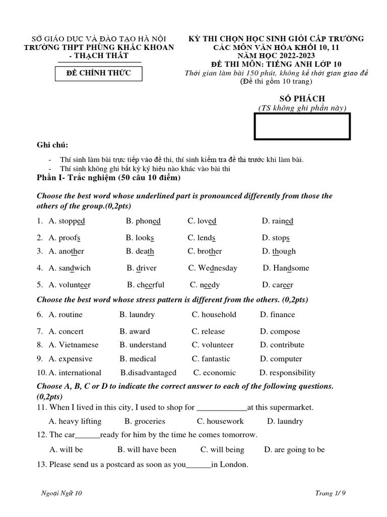 De Hoc Sinh Gioi Tieng Anh 10 Nam 2022 2023 Truong THPT Phung Khac Khoan Ha Noi | PDF | Art