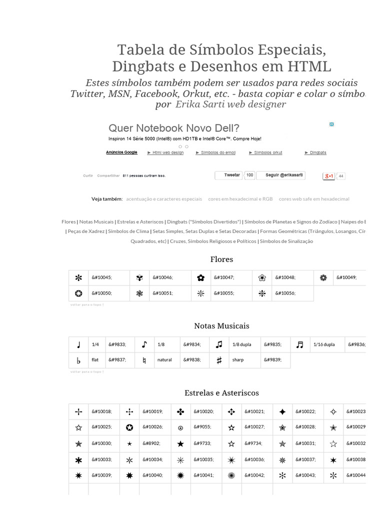 Tabela de Símbolos Especiais, Dingbats e Desenhos em HTML | PDF