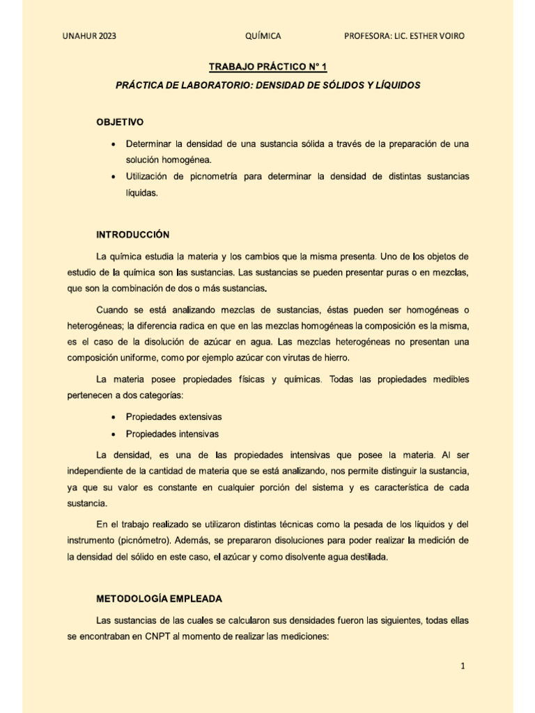 Práctica de Laboratorio #1 Densidad de Sólidos y Líquidos | PDF