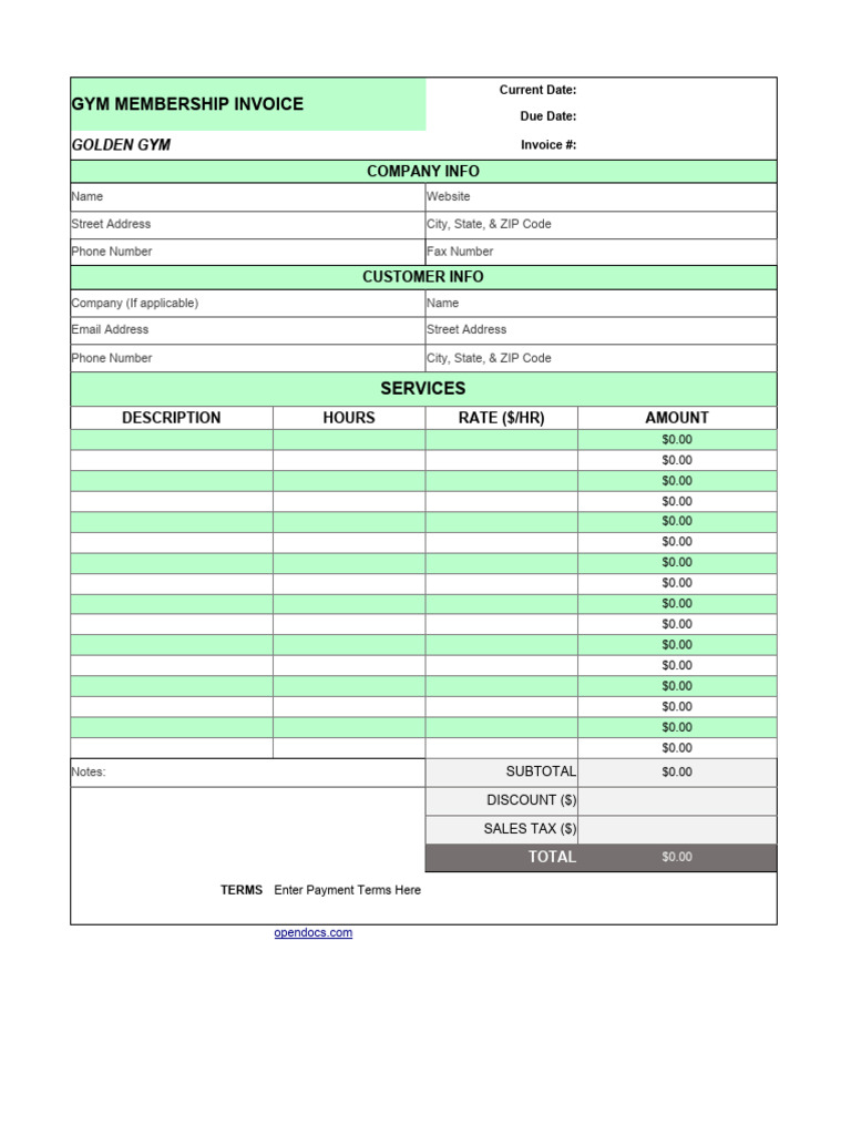 Gym Membership Invoice Template | PDF