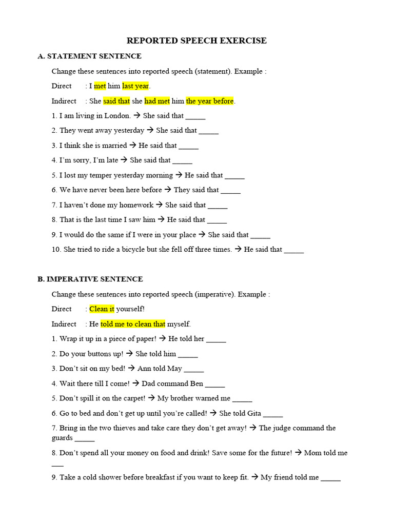 Reported Speech Exercise | PDF