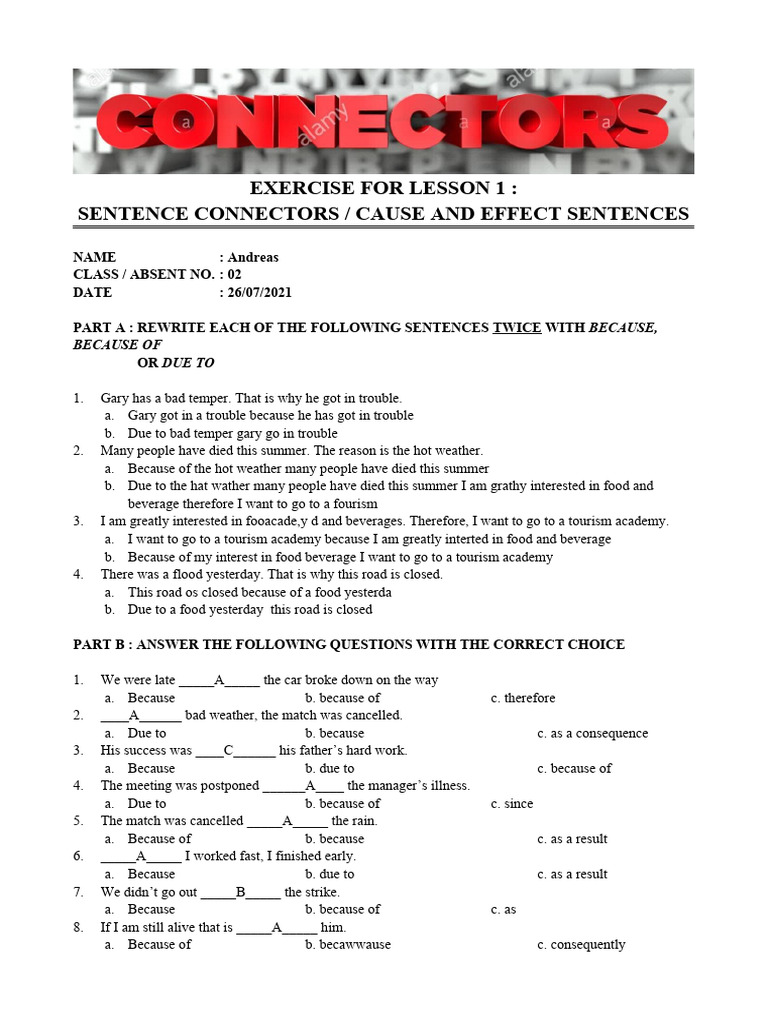 Exercise For Lesson 1 Cause and Effect Sentence Connectors | PDF