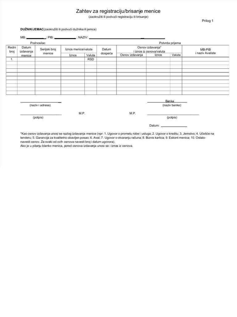 Dokumen - Tips Zahtev Za Registraciju Menica Prilog 1 | PDF