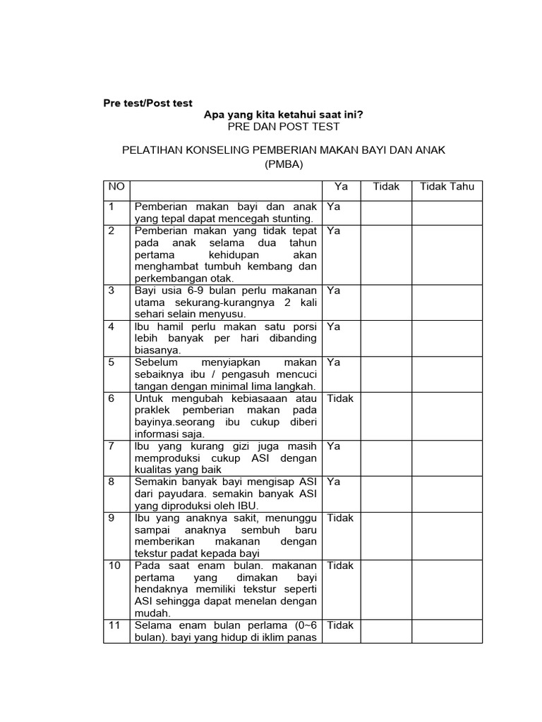 Evaluasi Pengetahuan PMBA: Pre/Post Test | PDF